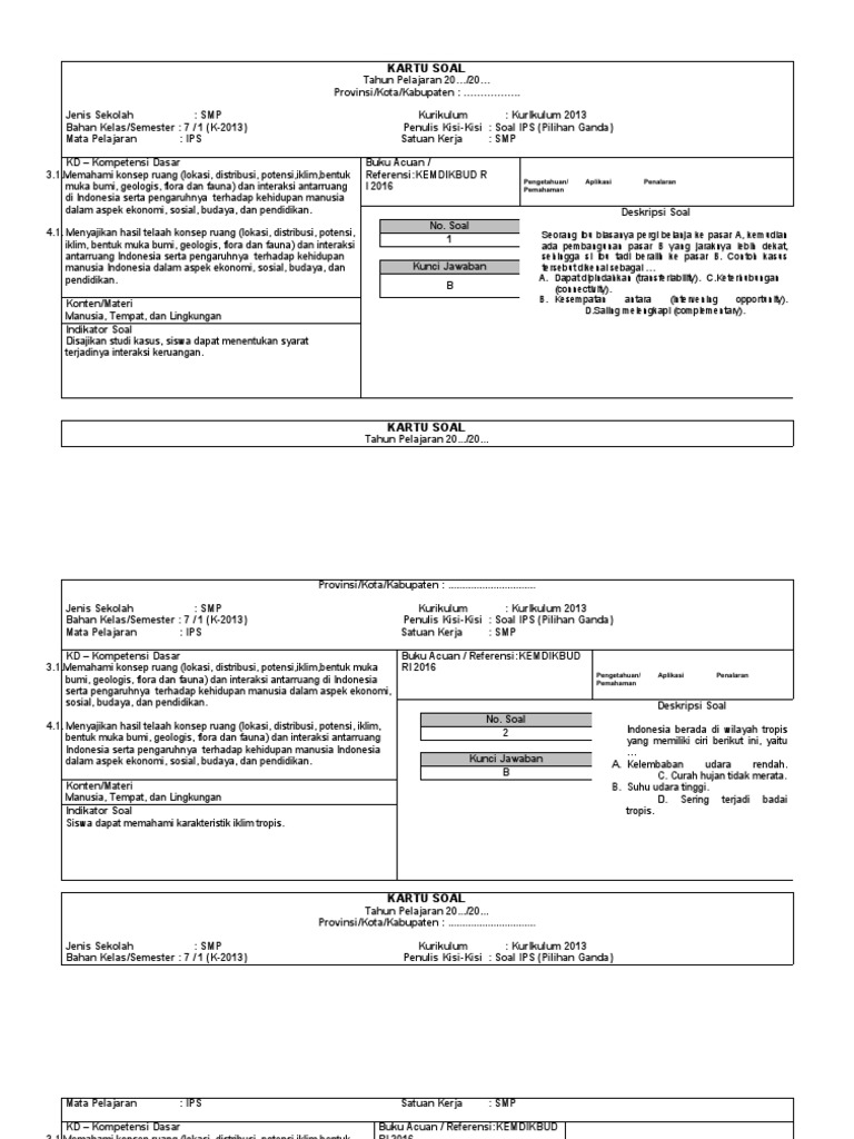 Kartu Soal Ips Kelas 7 Semester 1 | PDF