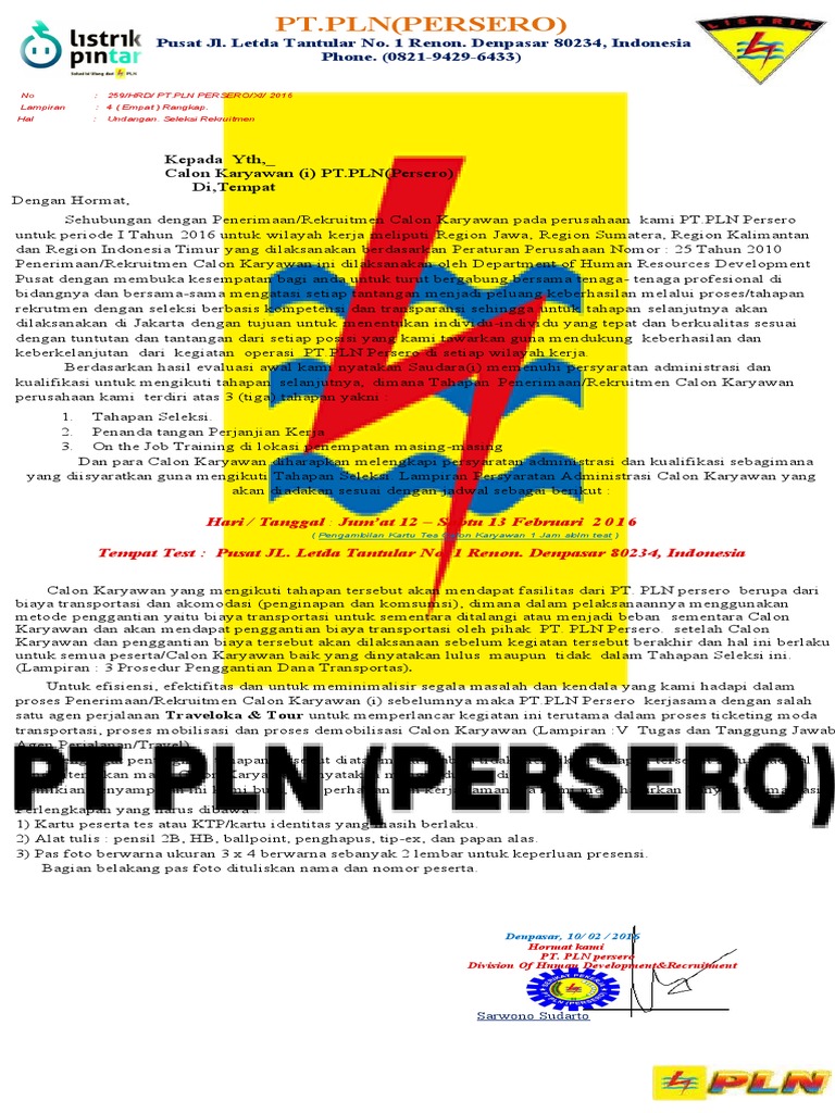 Contoh Undangan Recruitment PT - PLN Bali | PDF
