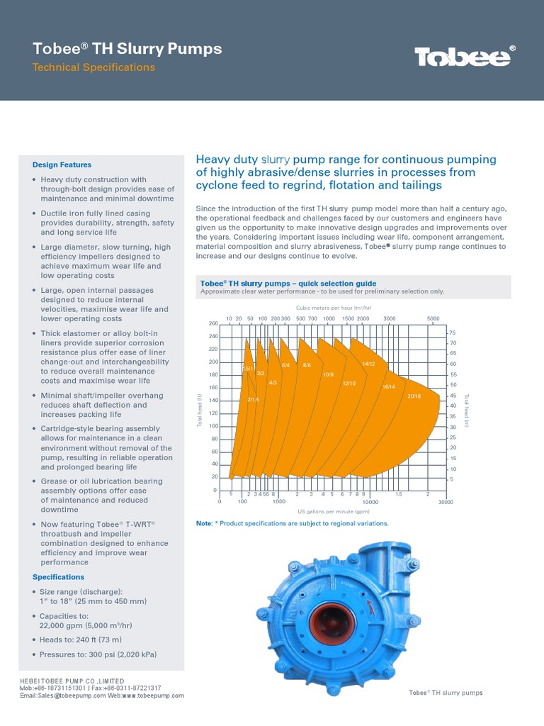 Tobee TH Slurry Pump Technical Specifcations | PDF | Pump | Bearing (Mechanical)