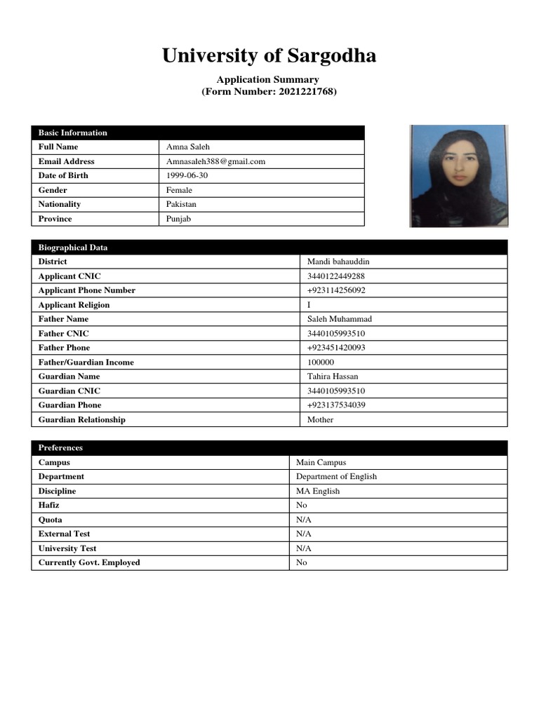 University of Sargodha: Application Summary (Form Number: 2021221768) | PDF