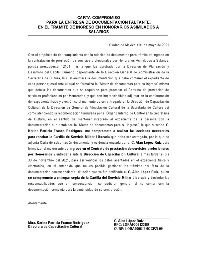 CARTA COMPROMISO - Entrega CARTILLA LIBERADA - DCC | PDF
