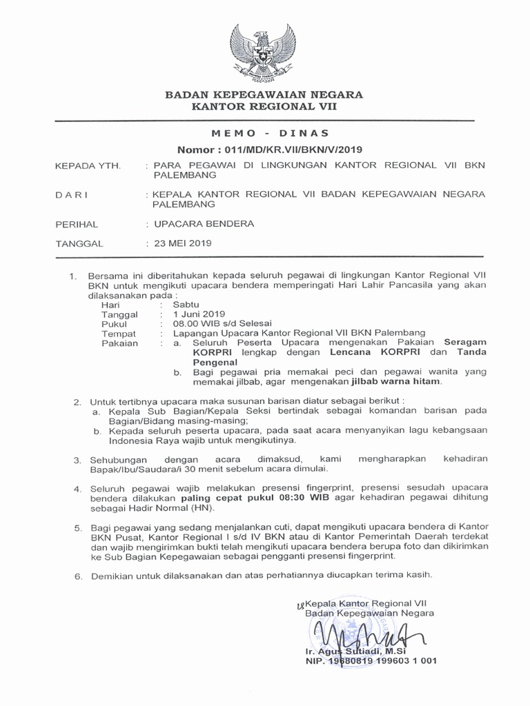Memo Dinas Upacara 1 Juni 2019 | PDF