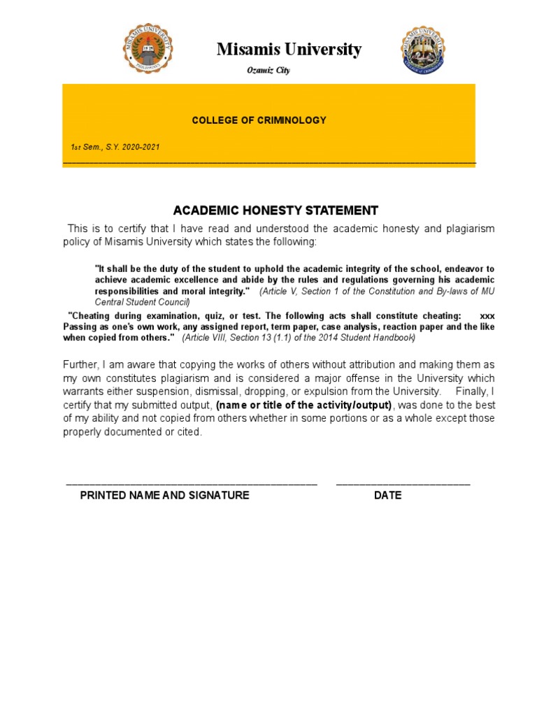 Misamis University: Academic Honesty Statement | PDF | Social Science