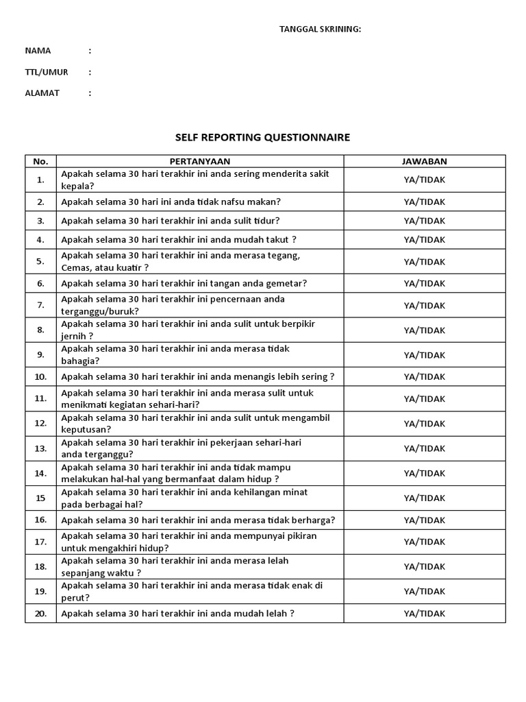 Self Reporting Questionnaire | PDF