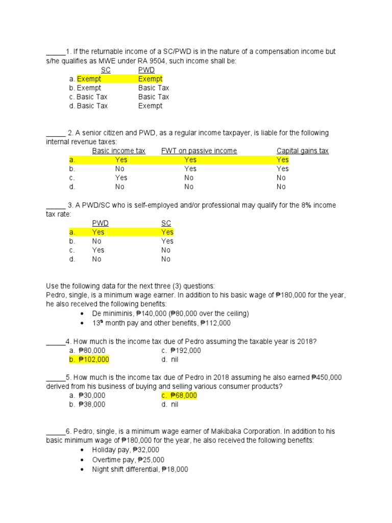 Income Tax Finals Sample Questions Final Exam | PDF | Tax Deduction ...