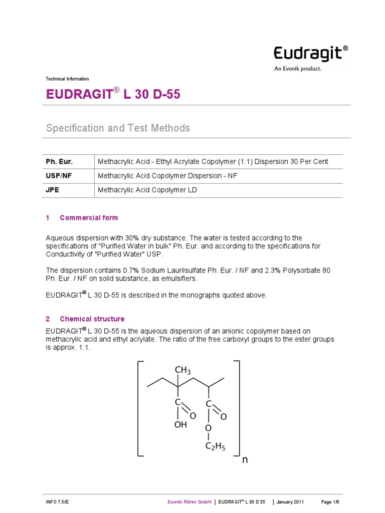 Specification Eudragit L 30 D 55 | PDF | Copolymer | Solubility