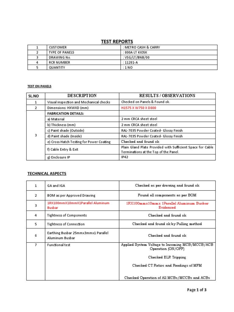 Test Reports: SL - No Description Results / Observations | PDF | Power ...