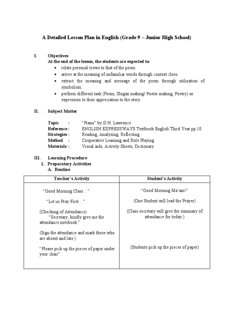 A Detailed Lesson Plan in English | PDF | Lesson Plan | Cognition