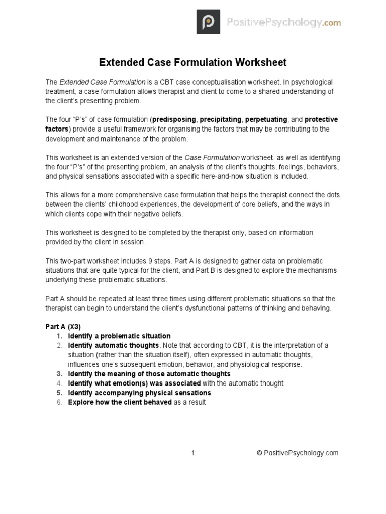Extended Case Formulation Worksheet | PDF | Psychotherapy | Thought