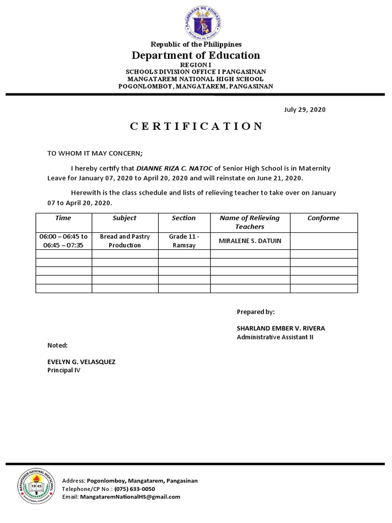 Certification of Class Take Over | PDF