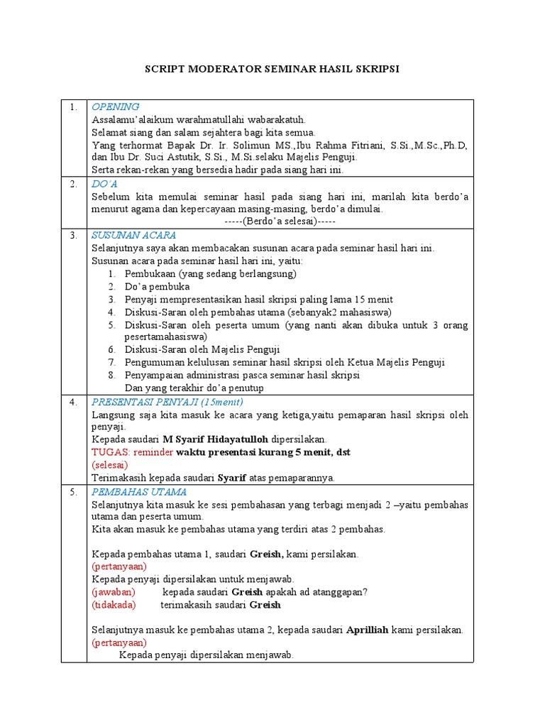Skrip Moderator Seminar Hasil Skripsi | PDF | Karier & Perkembangan | Seni