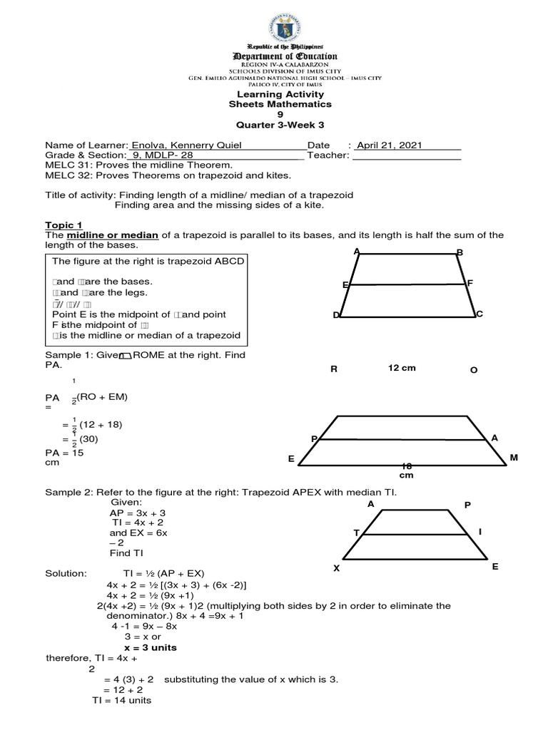 Finding Area of Kites and Lengths of Medians | PDF | Geometric Shapes ...