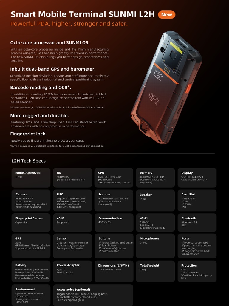 Smart Mobile Terminal SUNMI L2H: Powerful PDA, Higher, Stronger and Safer | PDF | Barcode ...