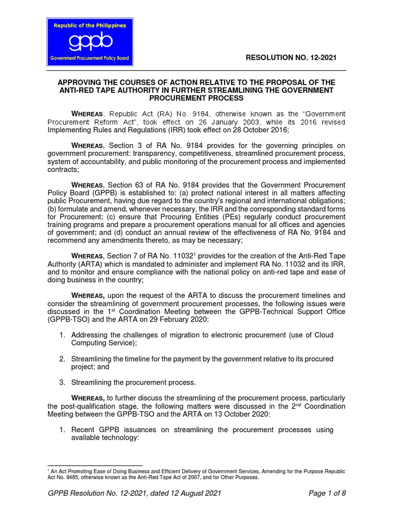 GPPB Resolution No. 12-2021 | PDF | Verification And Validation | Regulatory Compliance
