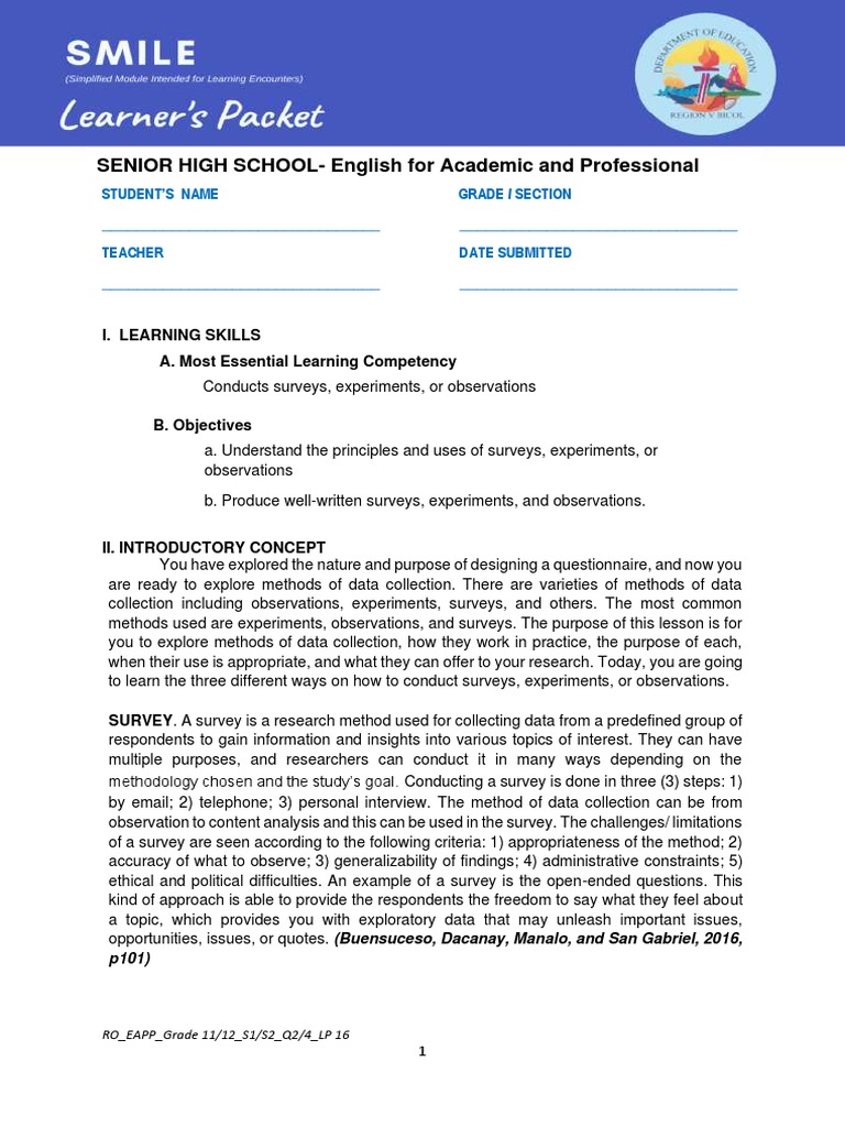 EAPP Grade-11-12 S1-2 Q2-4 LP-16 | PDF | Survey Methodology | Data