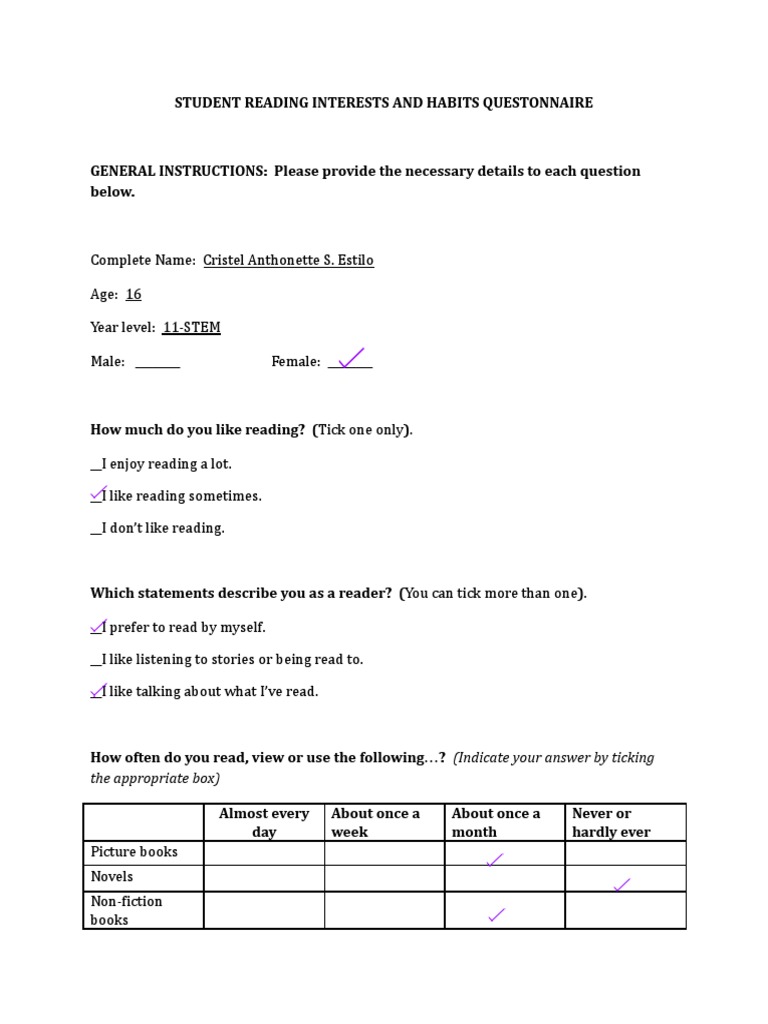 Estilo - Student Reading Interests and Habits Questionnaire | PDF ...
