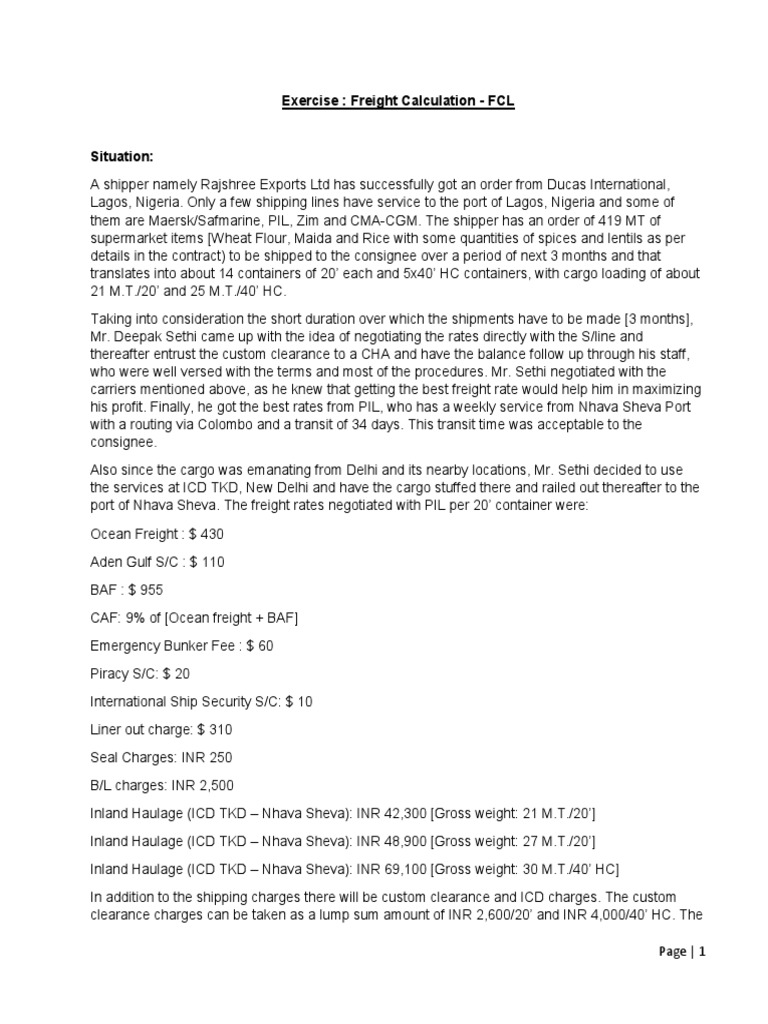 Case Study - Freight Calculation - Full Container Load | PDF | Cargo | Transport