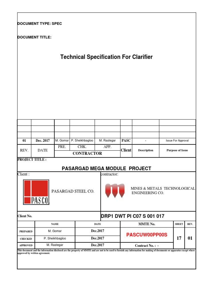 Technical Specification For Clarifier: Document Type: Spec | Descargar gratis PDF ...