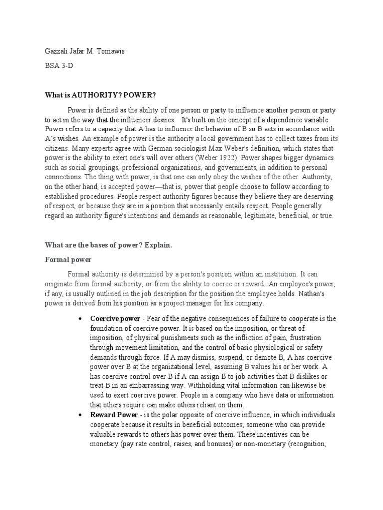 What Is Authority? Power?: What Are The Bases of Power? Explain. Formal ...