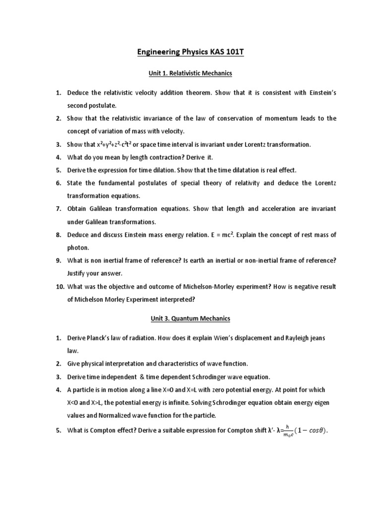 Engineering Physics KAS 101T | PDF | Special Relativity | Laser