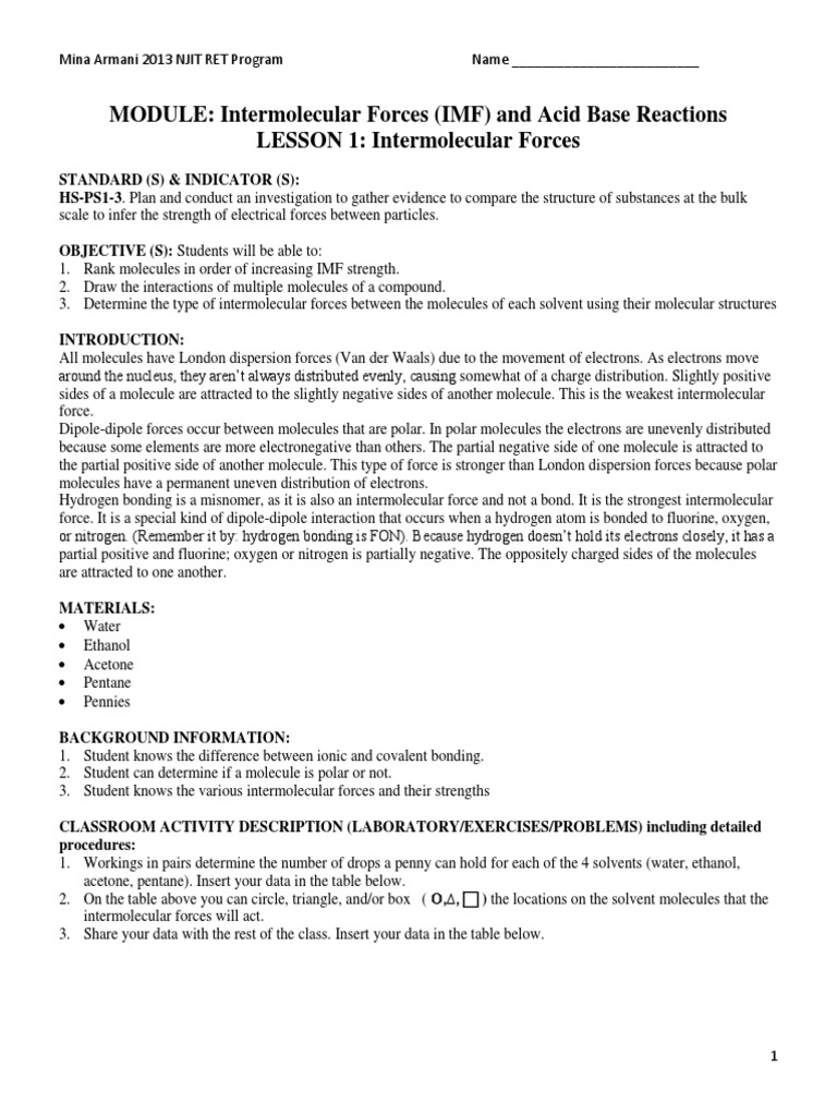 MODULE: Intermolecular Forces (IMF) and Acid Base Reactions LESSON 1 ...