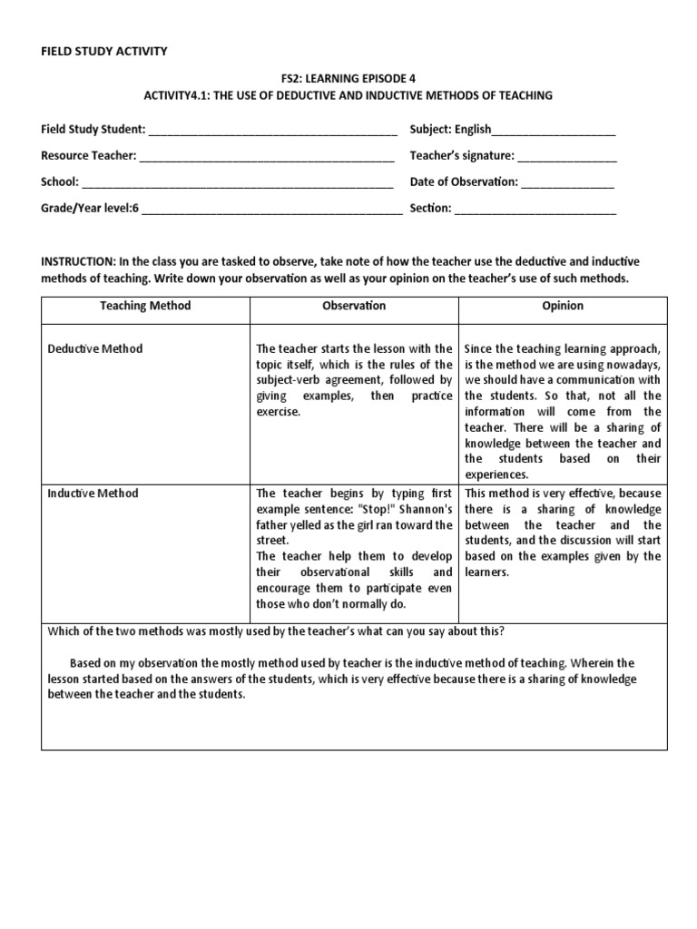 2 Field Study Activities 4 | PDF | Teachers | Learning