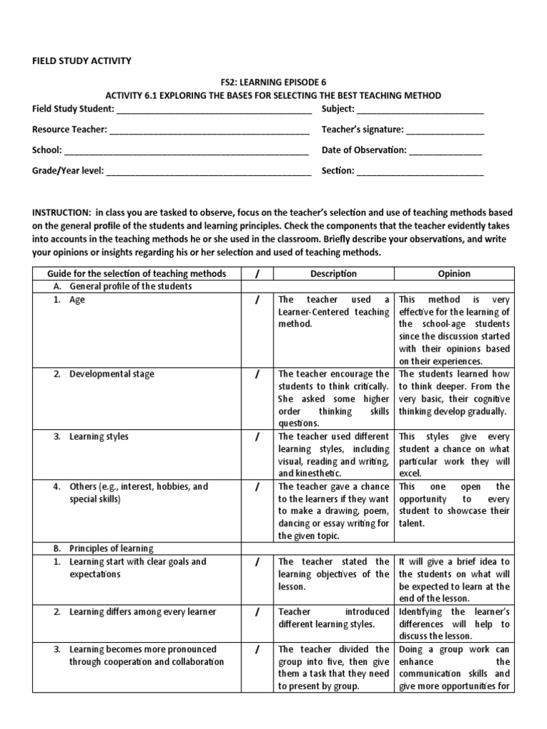 2 Field Study Activities 6 | PDF | Learning | Teachers