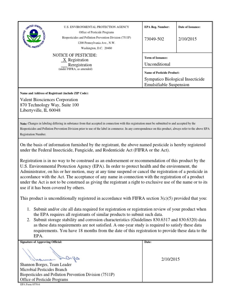 Notice of Pesticide: X Registration Reregistration: EPA Form 8570-6 ...