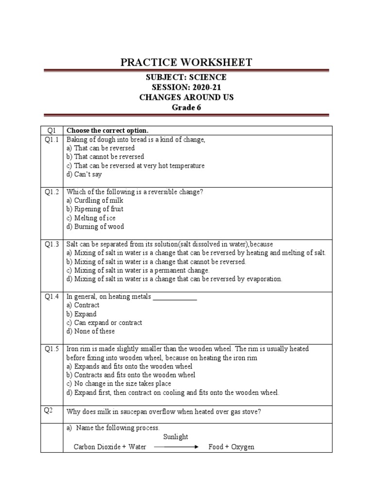 Changes Around Us-Worksheet | PDF | Water | Chemical Substances
