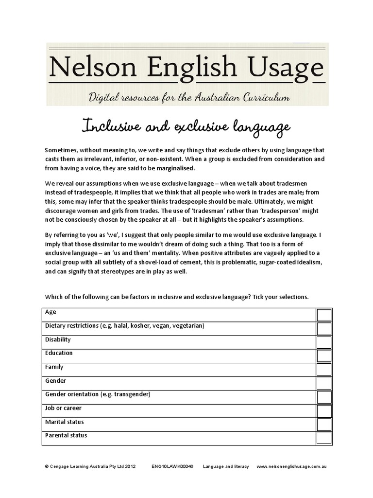 Inclusive And Exclusive Language © Cengage Learning Australia Pty Ltd