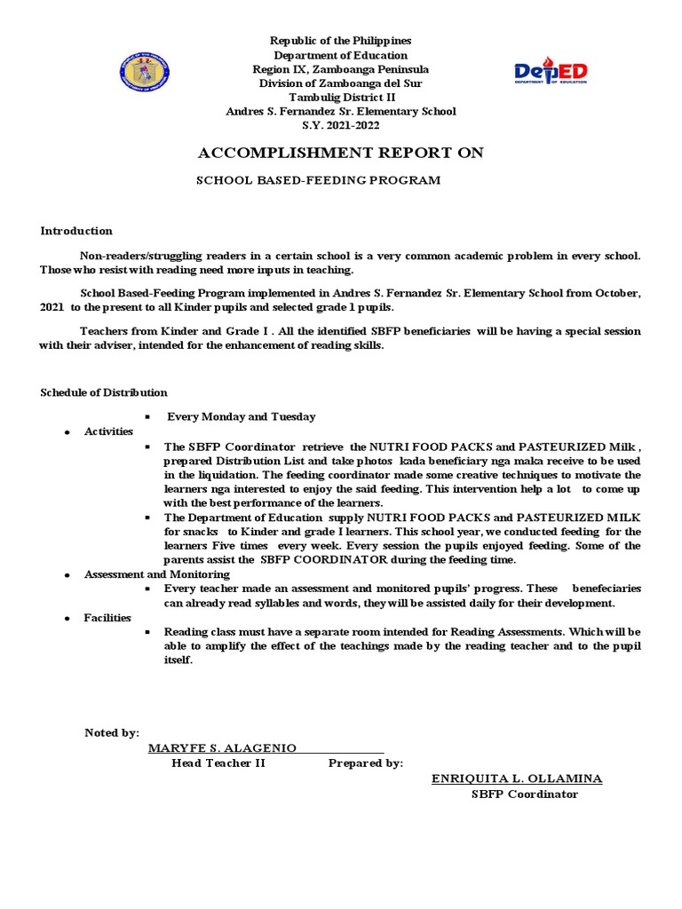 Accomplishment Report On: School Based-Feeding Program | Download Free ...