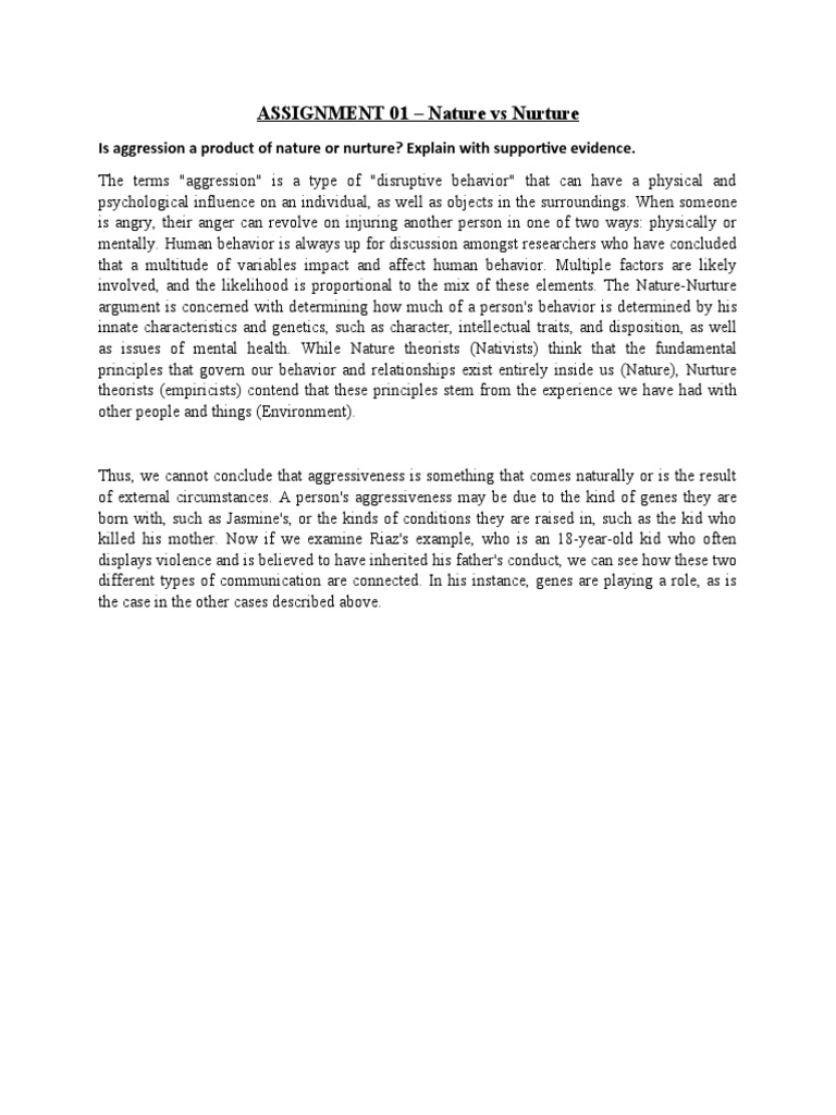 ASSIGNMENT 01 - Nature Vs Nurture: Is Aggression A Product of Nature or ...