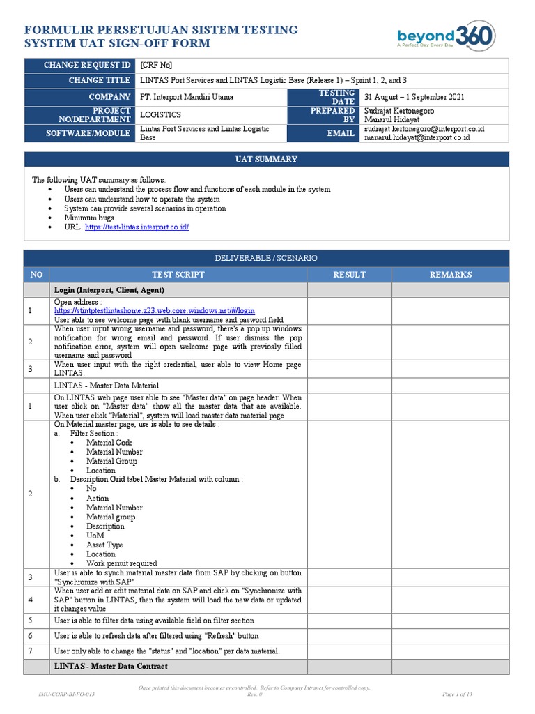 IMU-CORP-BI-FO-013 UAT Sign-Off Form R3 | PDF | Icon (Computing) | User ...