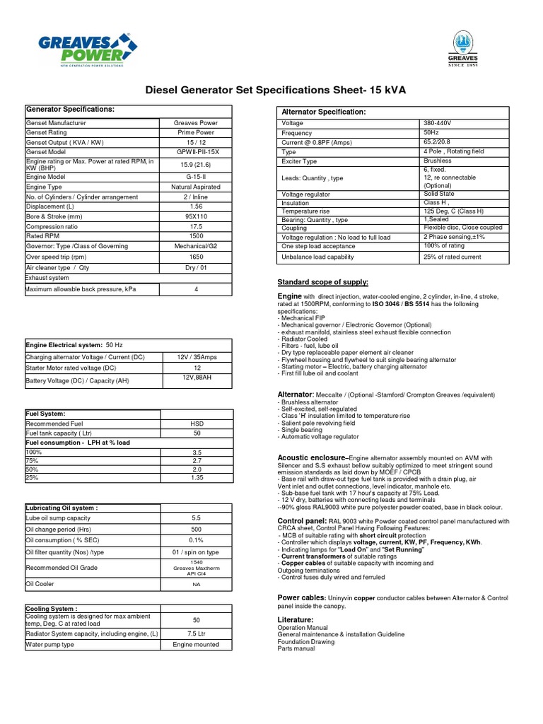 Diesel Generator Set Specifications Sheet-15 kVA | PDF | Diesel Engine ...
