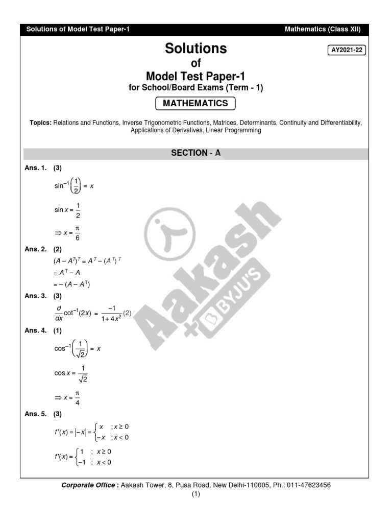 Aakash Model Test Papers Solutions XII T1 Mathematics | PDF ...