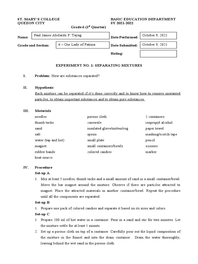 Grade 6 Mixture Separation Experiments | PDF | Mixture | Water