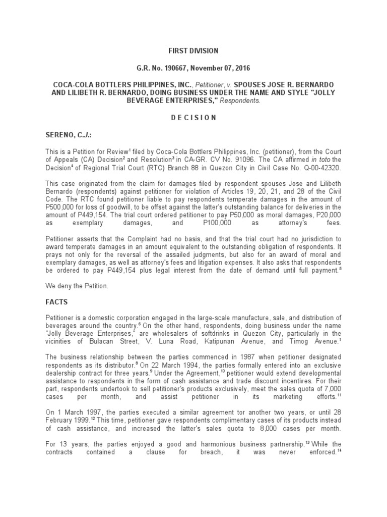 Coca Cola Bottlers V Bernardo Pdf Damages Lawsuit
