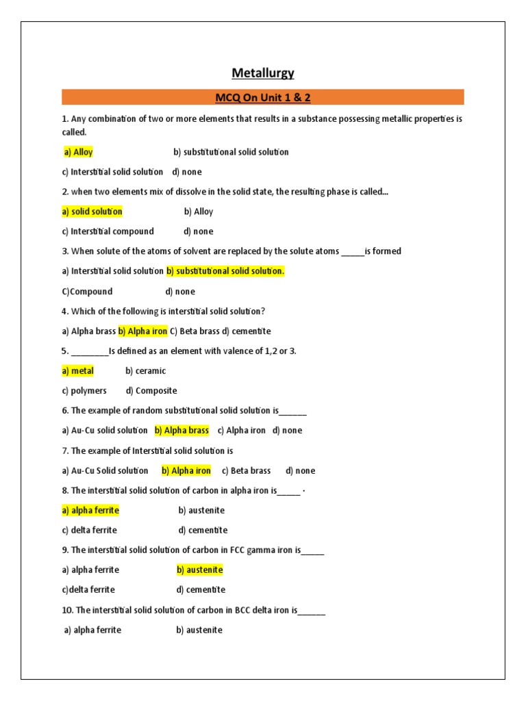 Metallurgy: MCQ On Unit 1 & 2 | PDF | Steel | Alloy