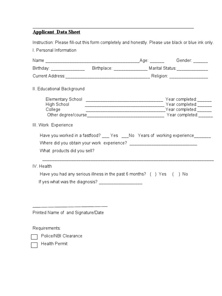 Applicant Data Sheet 2020 | PDF