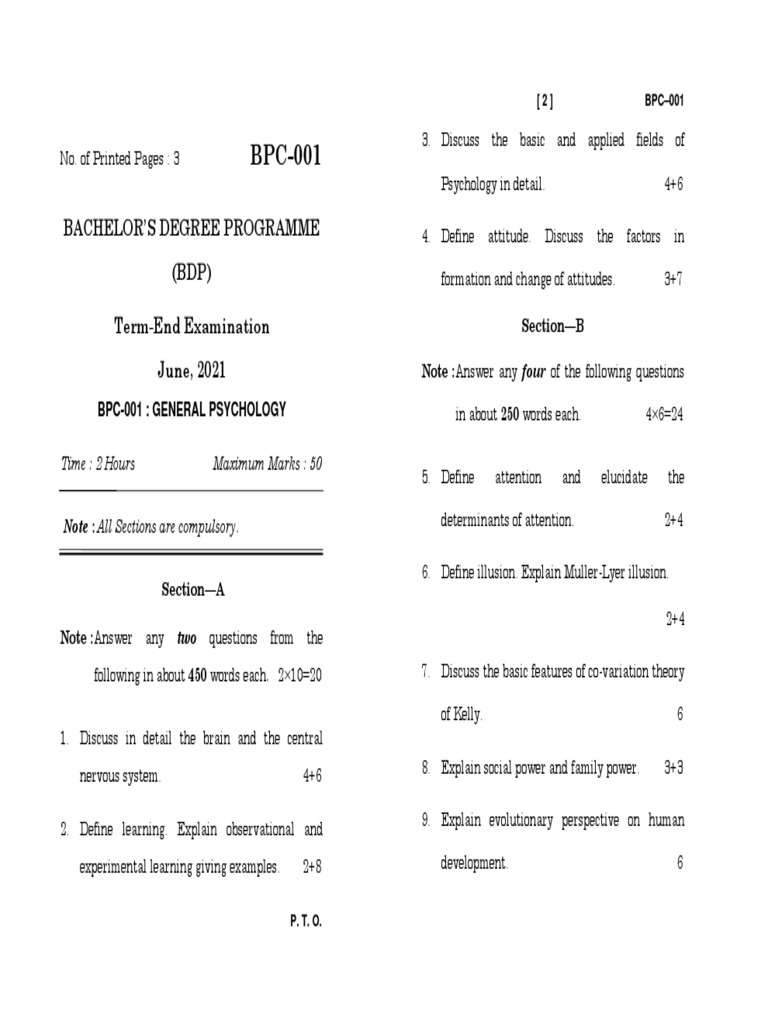Question Paper BPC-001 2021 | PDF | Psychology | Neuropsychological ...