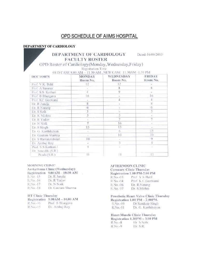 OPD Schedule AIIMS Delhi | PDF | Health Sciences | Health Care