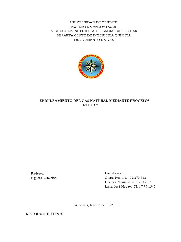 Endulzamiento Del Gas Natural Mediante Procesos Redox | PDF | Redox ...