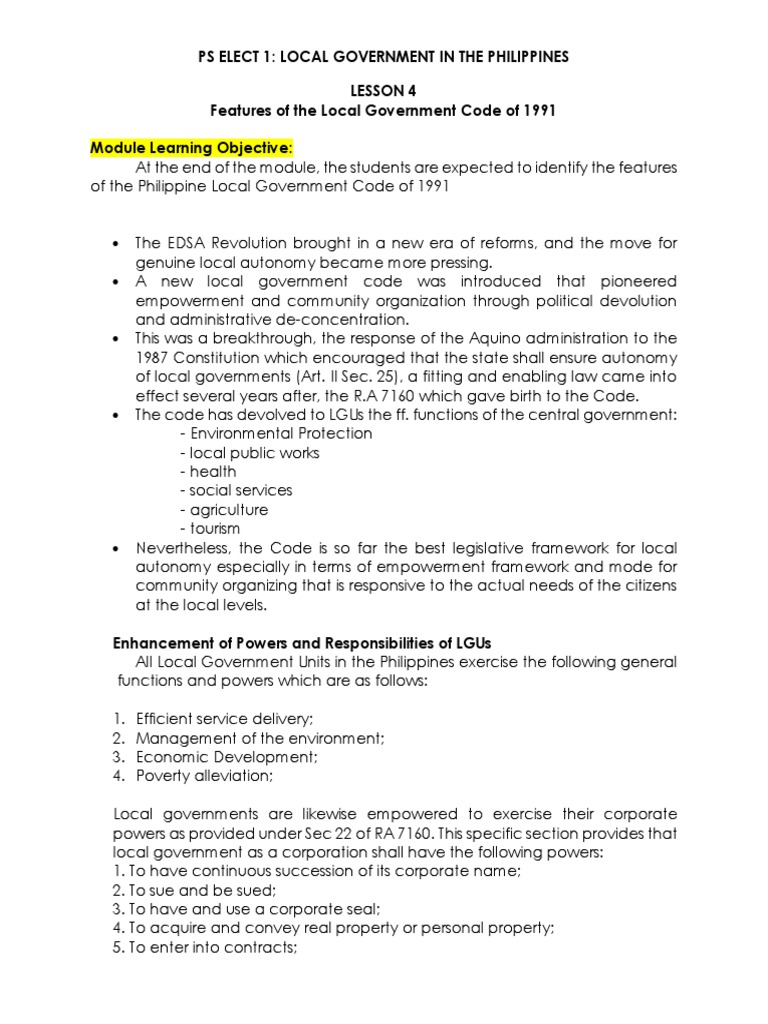 Lesson 4-Features of The Local Government Code | PDF | Taxes | Credit