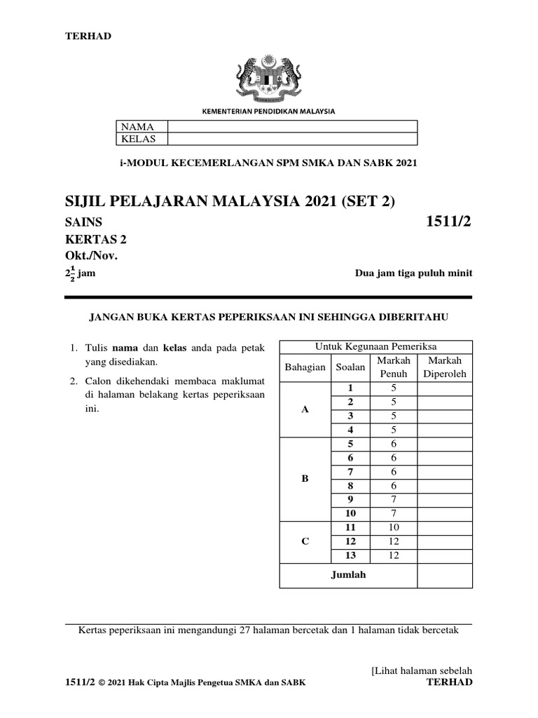 Kertas Trial Sains Smka & Sabk K2 Set 2 | PDF