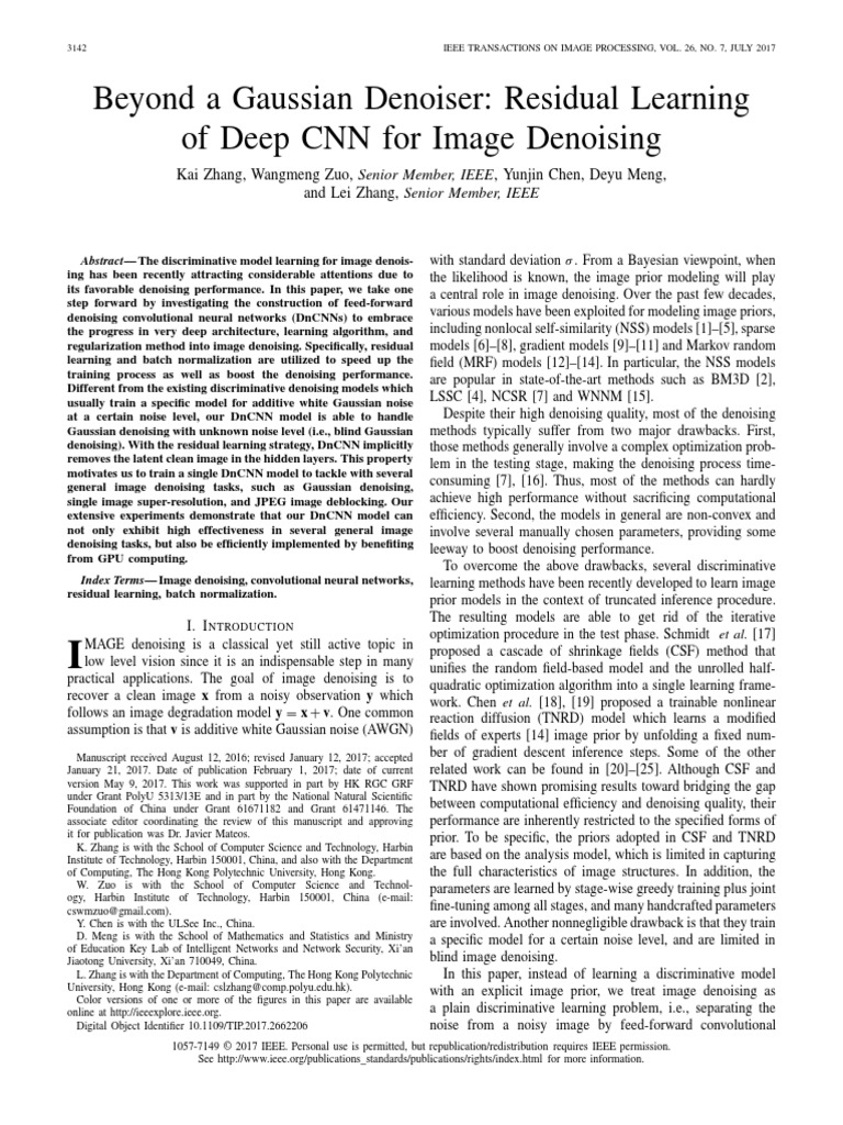 Beyond A Gaussian Denoiser: Residual Learning of Deep CNN For Image Denoising | PDF | Normal ...