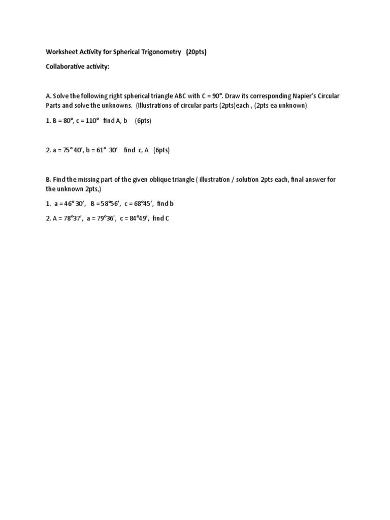 Spherical Trigonometry Worksheet Activity | PDF