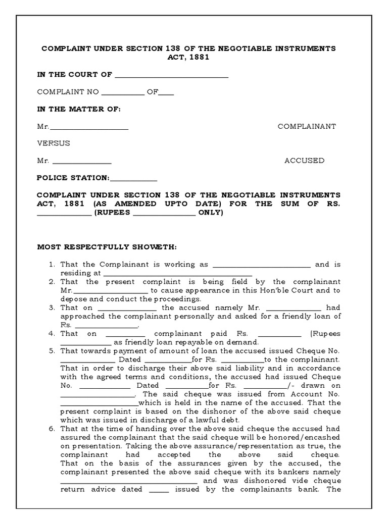 Complaint Under Section 138 of The Negotiable Instruments Act | PDF ...