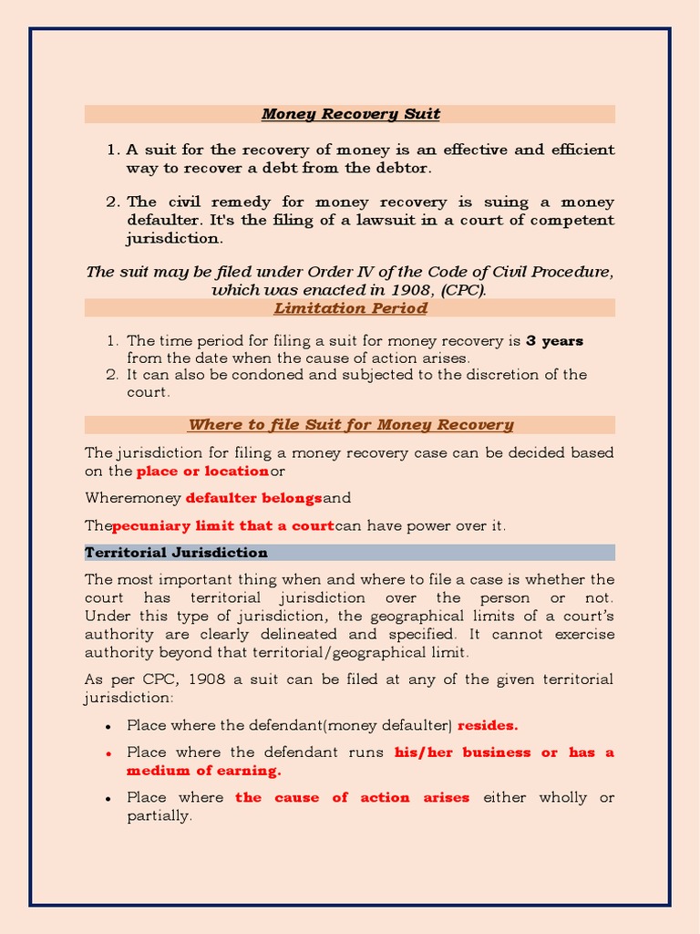 Money Recovery Suit Under CPC Explained | PDF | Lawsuit | Bankruptcy