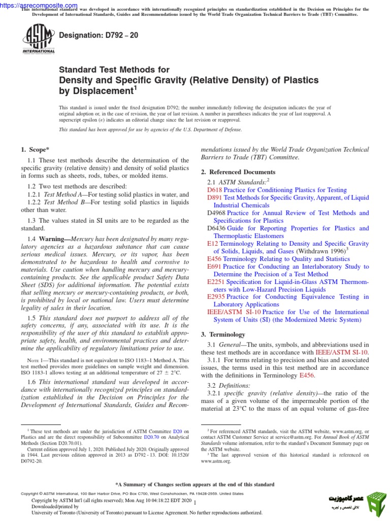 Astm D792 2020 | PDF | Density | Weighing Scale