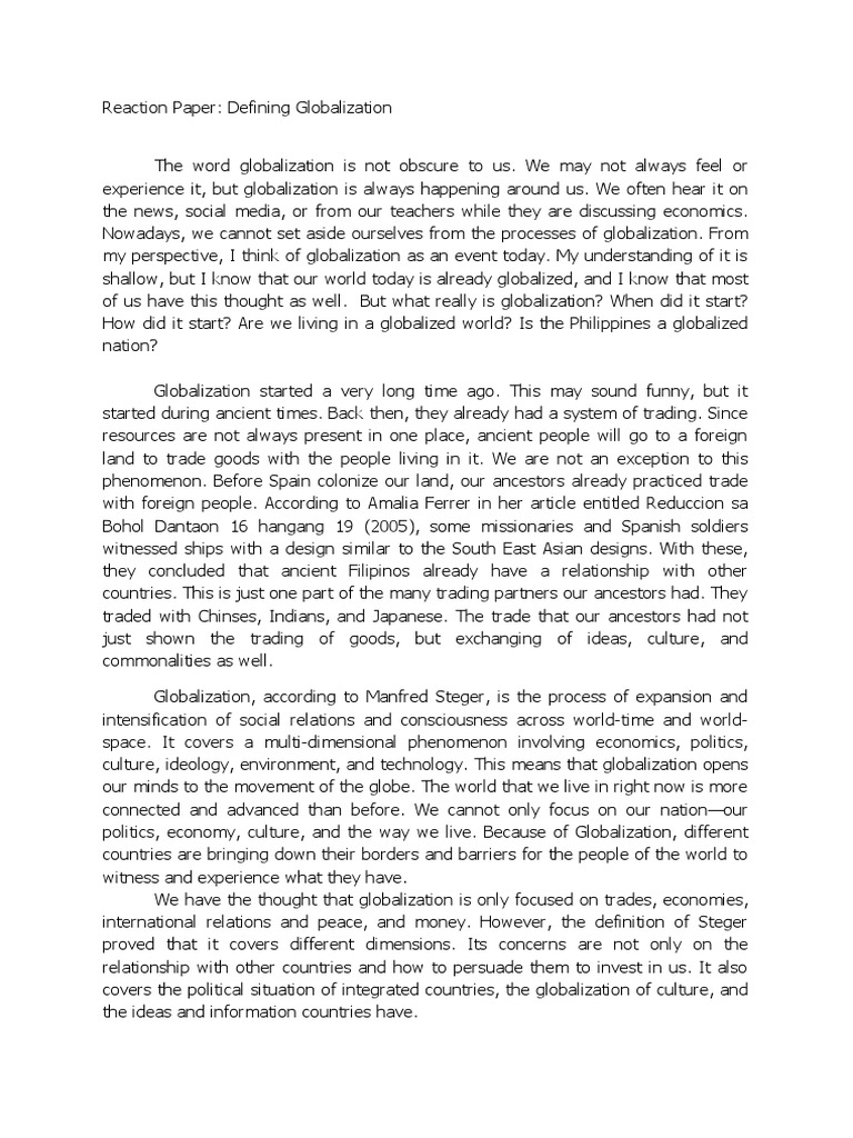 Reaction Paper 1 - Definition of Globalization | PDF | Globalization ...